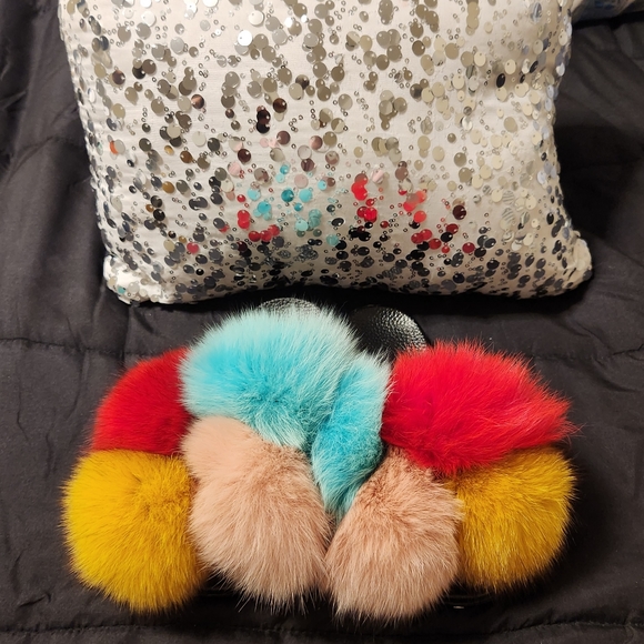 Shoes | Brand New Kids Size 4 Fox Fur Puff Ball Slides Multi Color ...